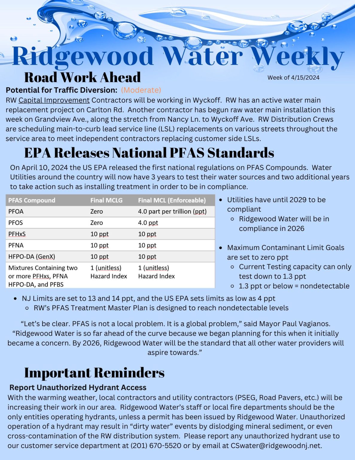 Ridgewood Water Says it Will be Compliance with New EPA "Forever ...